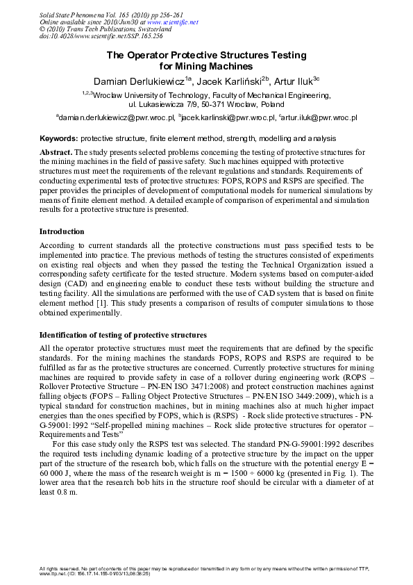 (PDF) The Operator Protective Structures Testing for Mining Machines