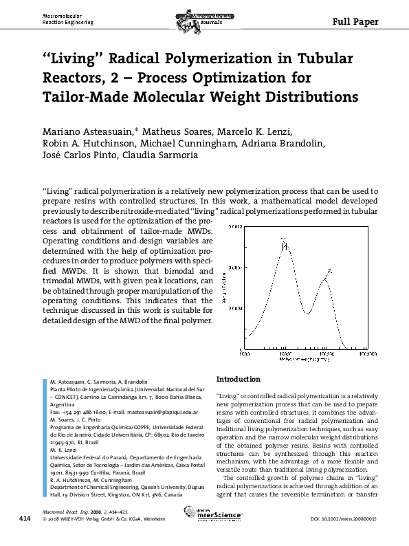 (PDF) Living” Radical Polymerization in Tubular Reactors, 2 - Process ...