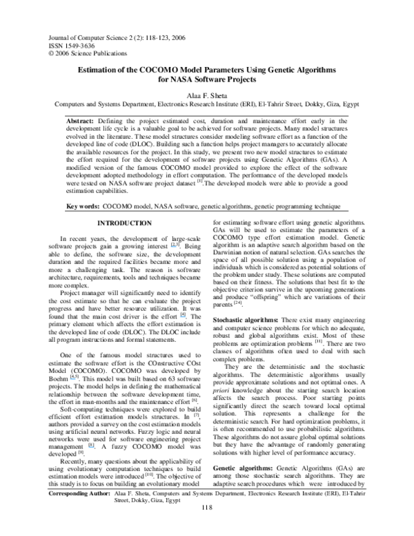 Pdf Estimation Of The Cocomo Model Parameters Using Genetic Algorithms For Nasa Software Projects