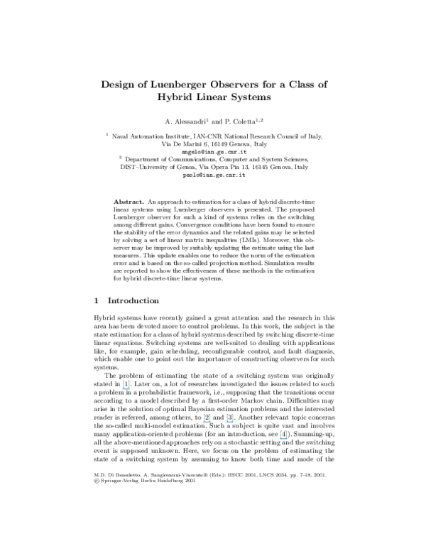 (PDF) Design of Luenberger Observers for a Class of Hybrid Linear Systems