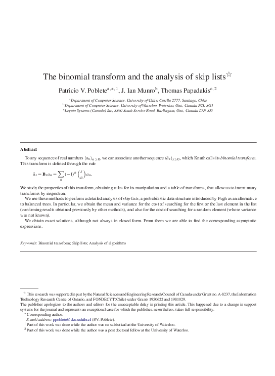 (PDF) The binomial transform and the analysis of skip lists | Carolina ...