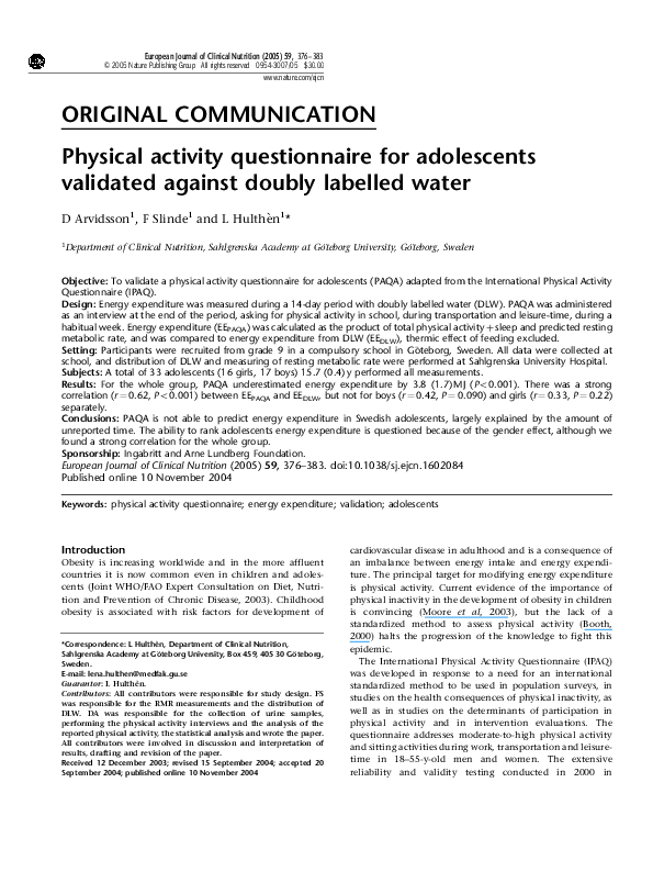 (PDF) Physical activity questionnaire for adolescents validated against doubly labelled water