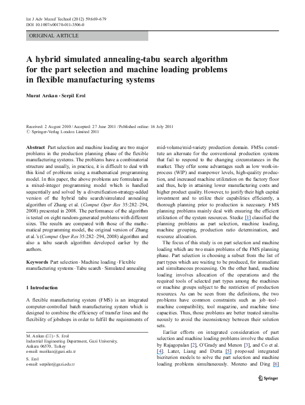 (PDF) A hybrid simulated annealing-tabu search algorithm for the part selection and machine ...