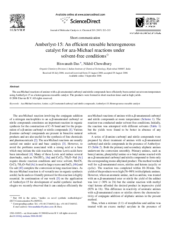 (PDF) Amberlyst-15: An efficient reusable heterogeneous catalyst for ...