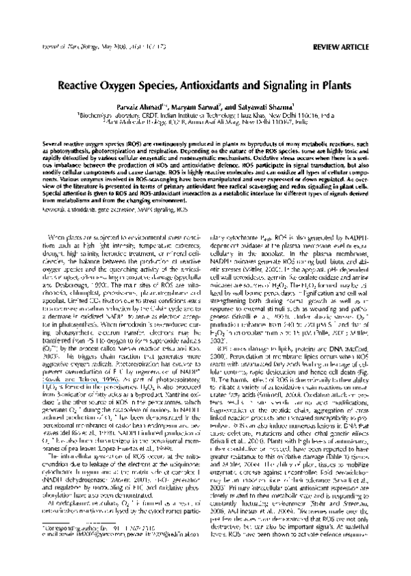 (PDF) Reactive oxygen species, antioxidants and signaling in plants
