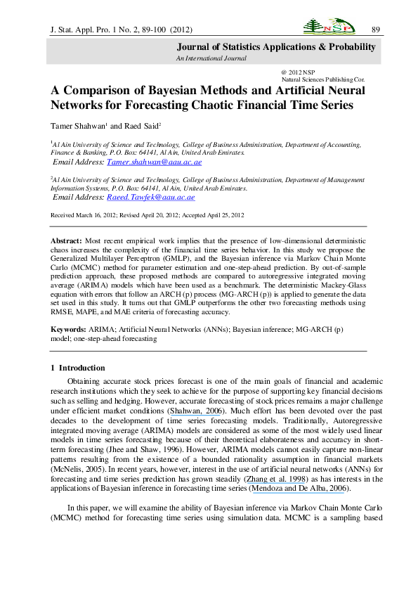 (PDF) A Comparison of Bayesian Methods and Artificial Neural Networks for Forecasting Chaotic ...
