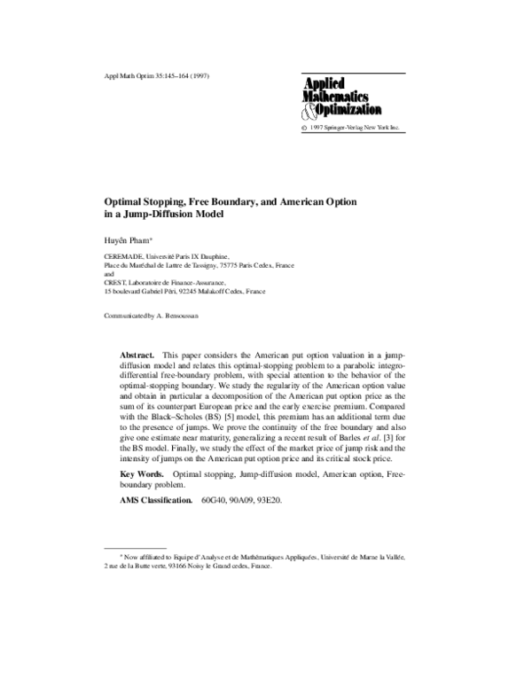 Pdf Optimal Stopping Free Boundary And American Option In A Jump Diffusion Model