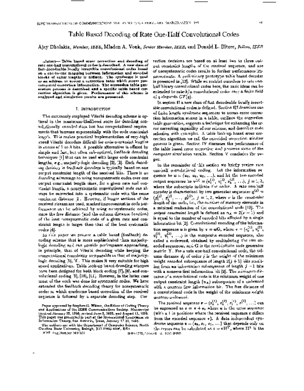 Pdf Table Based Decoding Of Rate One Half Convolutional Codes Ajay Dholakia