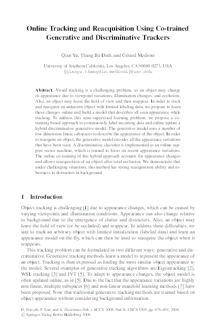 (PDF) Online Tracking and Reacquisition Using Co-Trained Generative and Discriminative Trackers