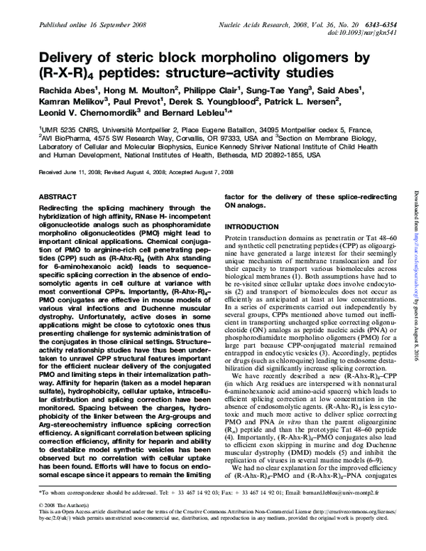 (PDF) Delivery of steric block morpholino oligomers by (R-X-R)4 ...