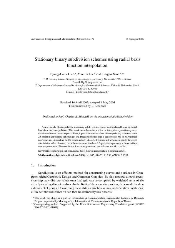 (PDF) Stationary binary subdivision schemes using radial basis function interpolation
