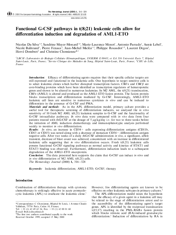 (PDF) Functional G-CSF pathways in t(8;21) leukemic cells allow for ...