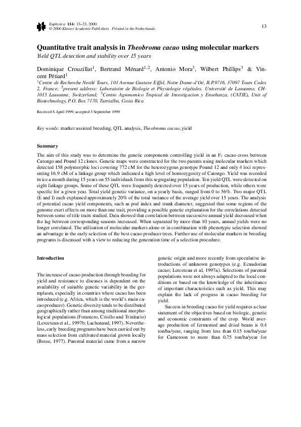 (PDF) Quantitative trait analysis in Theobroma cacao using molecular markers