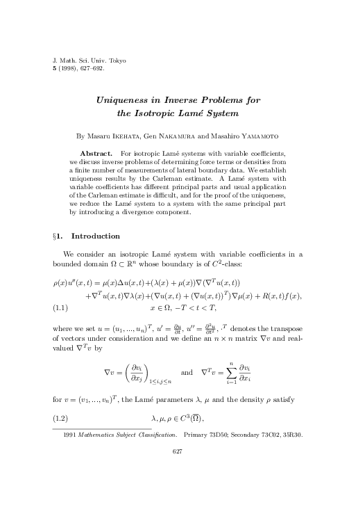(PDF) Uniqueness in inverse problems for the isotropic Lamé system