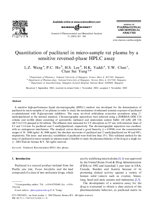 (PDF) Quantitation of paclitaxel in micro-sample rat plasma by a ...