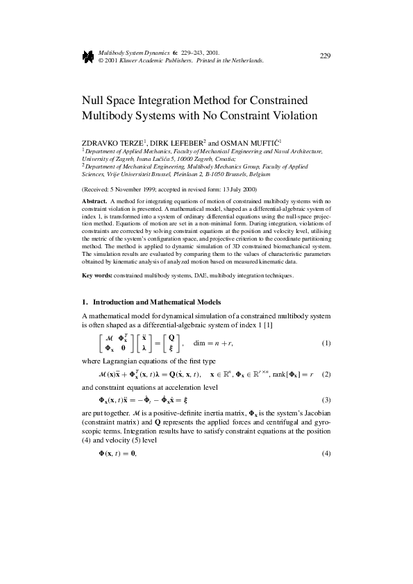 Pdf Null Space Integration Method For Constrained Multibody Systems With No Constraint Violation