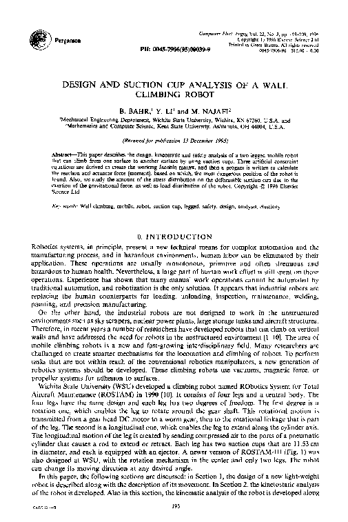 (PDF) Design and suction cup analysis of a wall climbing robot