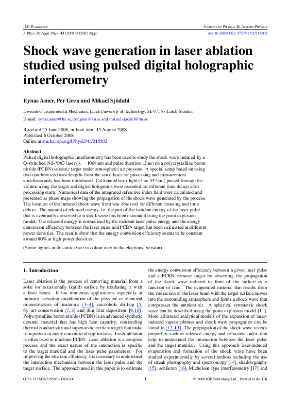 (PDF) Shock wave generation in laser ablation studied using pulsed digital holographic ...