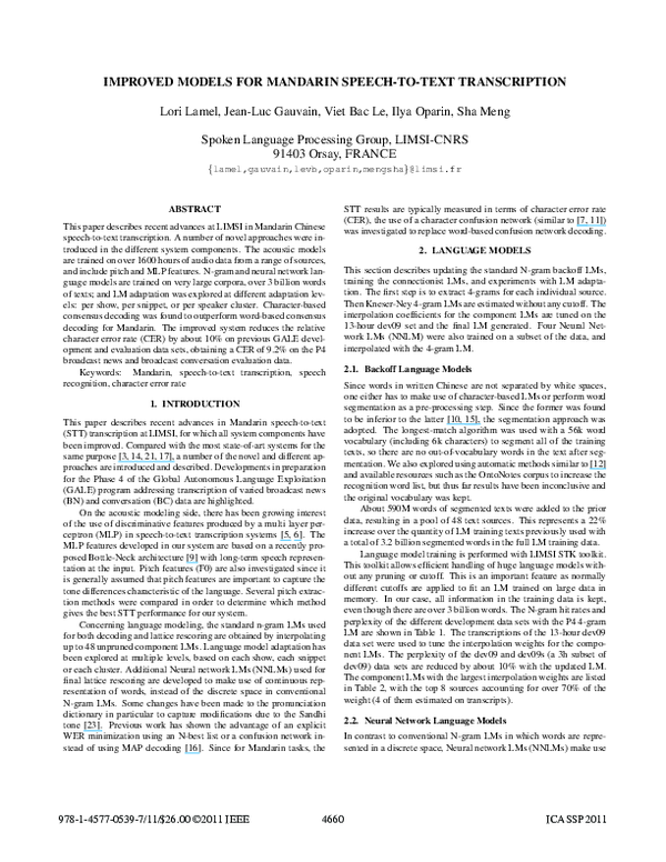 (PDF) Improved models for Mandarin speech-to-text transcription