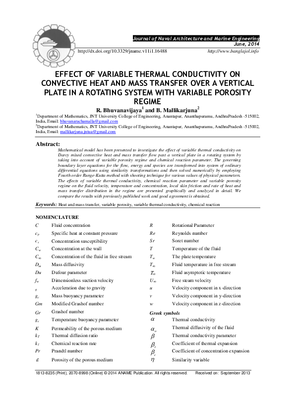Pdf Effect Of Variable Thermal Conductivity On Convective Heat And Mass Transfer Over A