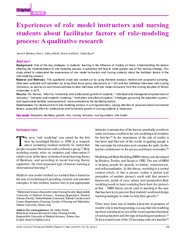 (PDF) Experiences of role model instructors and nursing students about ...