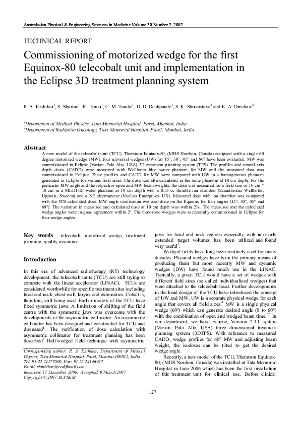 (PDF) Commissioning of motorized wedge for the first Equinox80 telecobalt unit and ...