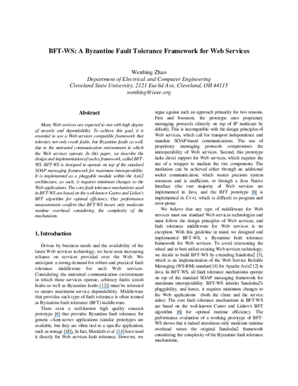 (PDF) BFT-WS: A Byzantine Fault Tolerance Framework for Web Services