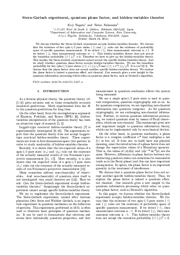 (PDF) Stern-Gerlach Experiment, Quantum Phase Factor, and Hidden-Variables Theories