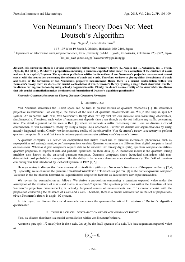 (PDF) Von Neumann's theory does not meet Deutsch’s algorithm