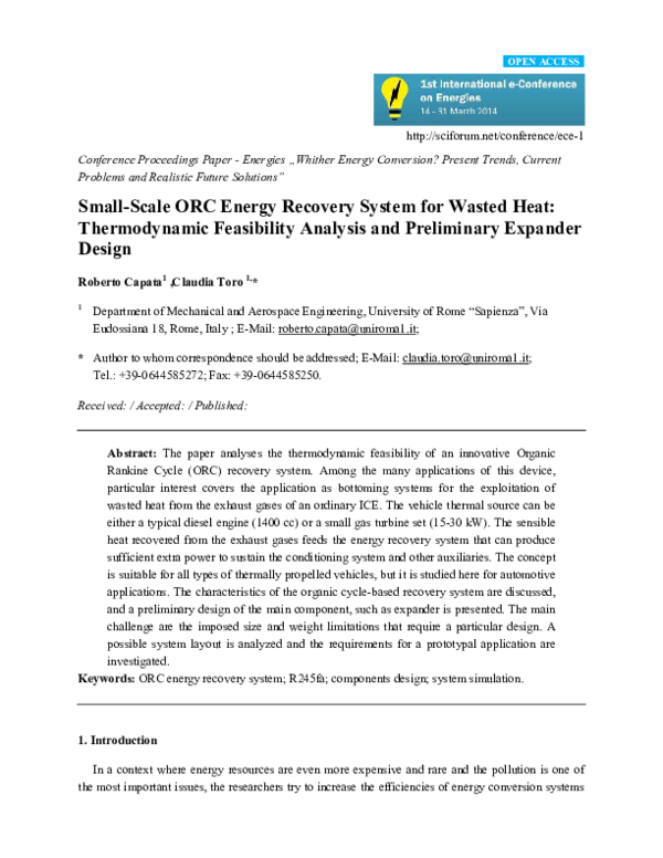 (PDF) Small-Scale ORC Energy Recovery System for Wasted Heat: Thermodynamic Feasibility Analysis ...