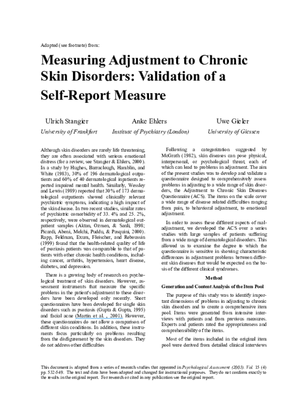 (PDF) Measuring Adjustment to Chronic Skin Disorders: Validation of a Self-Report Measure
