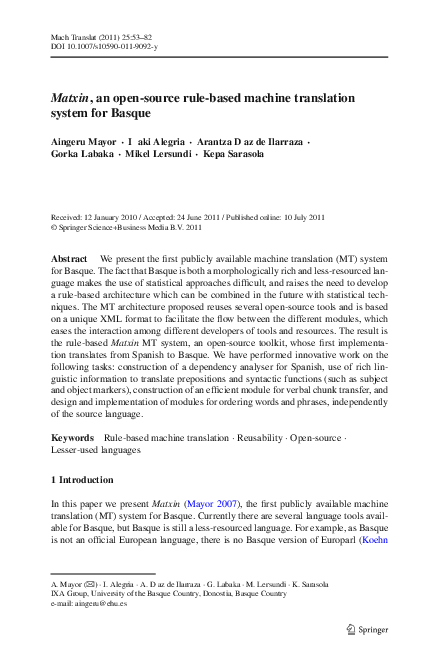 Pdf Matxin An Open Source Rule Based Machine Translation System For Basque