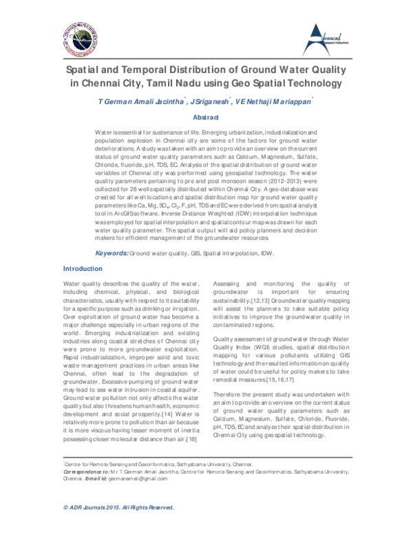 (PDF) Spatial and Temporal Distribution of Ground Water Quality in Chennai City, Tamil Nadu ...