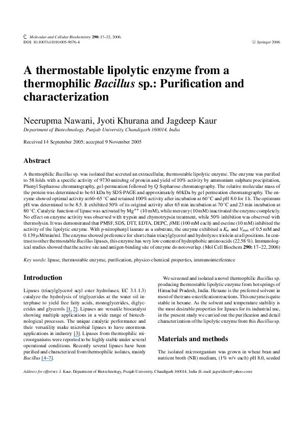 (PDF) A thermostable lipolytic enzyme from a thermophilic Bacillus sp ...