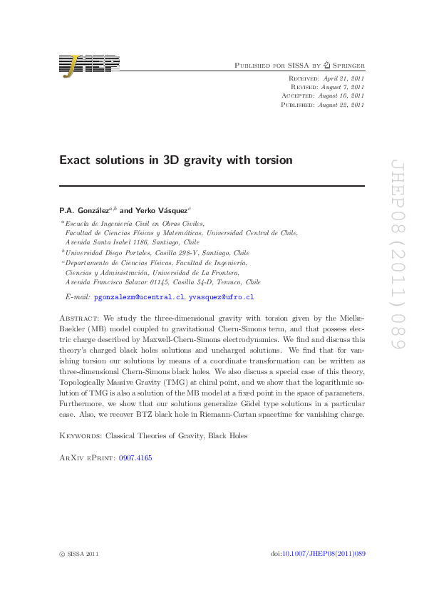 (PDF) Exact solutions in 3D gravity with torsion