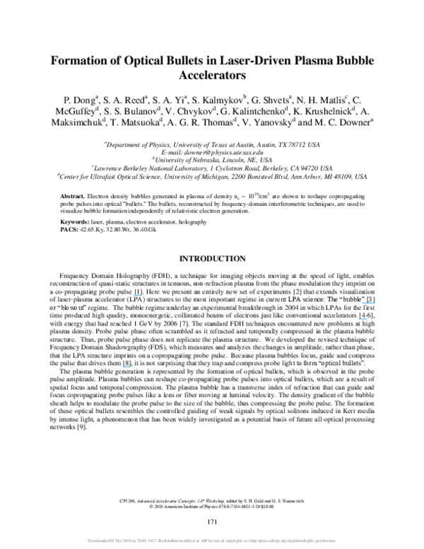 (PDF) Formation of optical bullets in laser-driven plasma bubble accelerators
