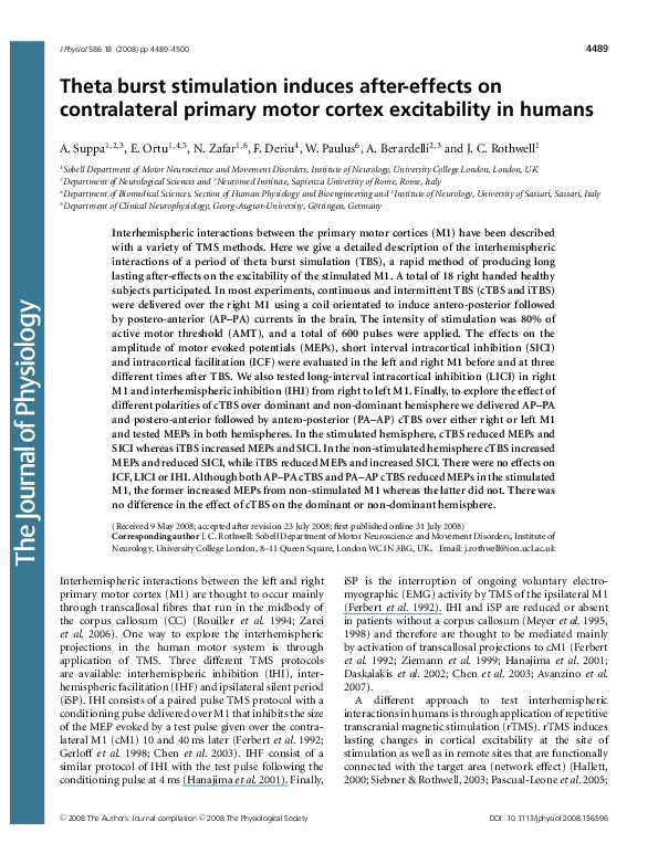 (PDF) Theta burst stimulation induces after-effects on contralateral primary motor cortex ...