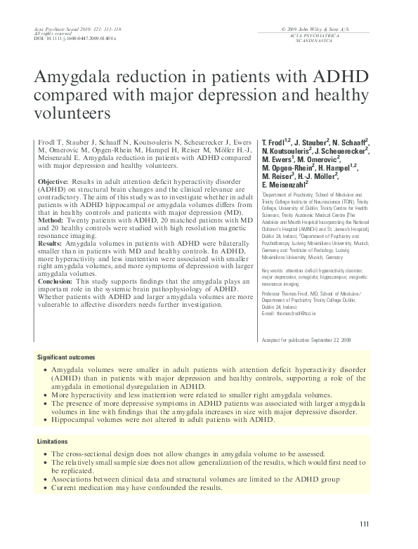 (PDF) Amygdala reduction in patients with ADHD compared with major ...
