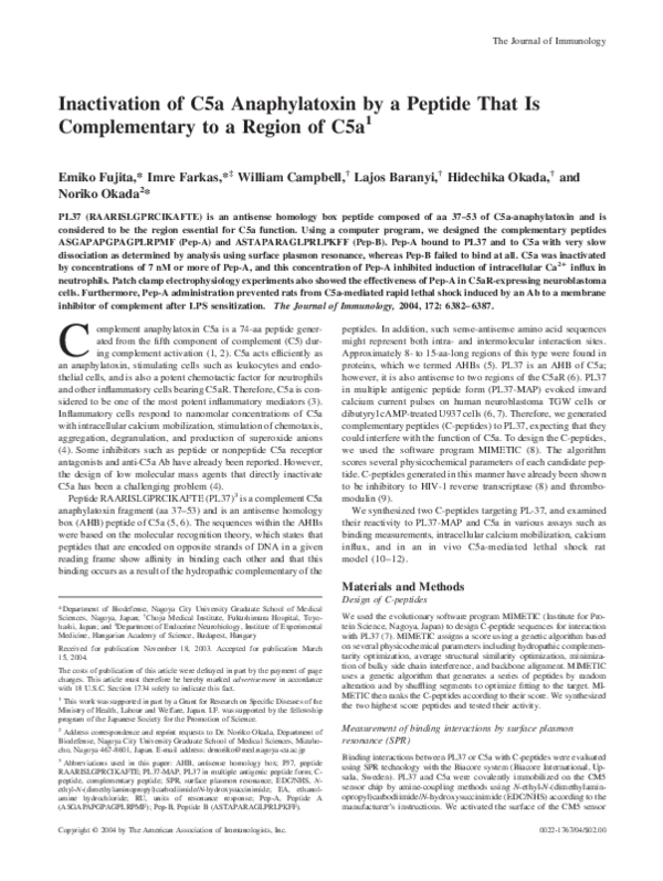 (PDF) Inactivation of C5a Anaphylatoxin by a Peptide That Is ...