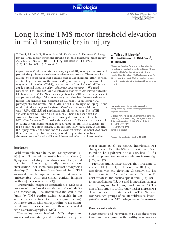 (PDF) Long-lasting TMS motor threshold elevation in mild traumatic ...