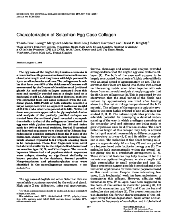 (PDF) Characterization of Selachian Egg Case Collagen