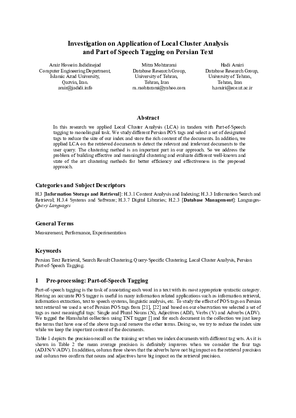 (PDF) Investigation on Application of Local Cluster Analysis and Part of Speech Tagging on ...