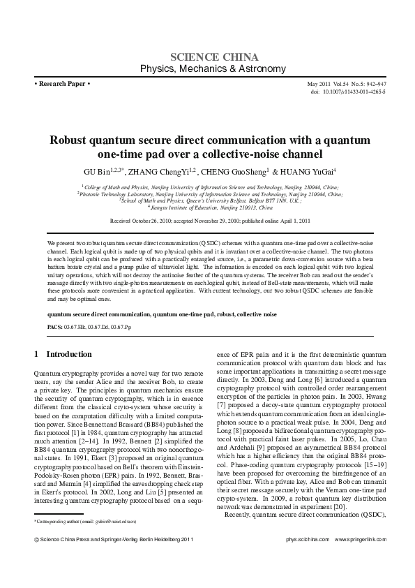 (PDF) Robust quantum secure direct communication with a quantum one-time pad over a collective ...