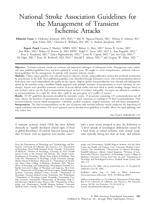 (PDF) National Stroke Association guidelines for the management of transient ischemic attacks