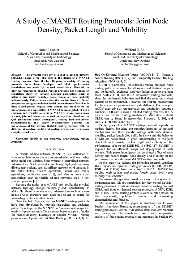 (PDF) A study of MANET routing protocols: Joint node density, packet length and mobility | ade ...