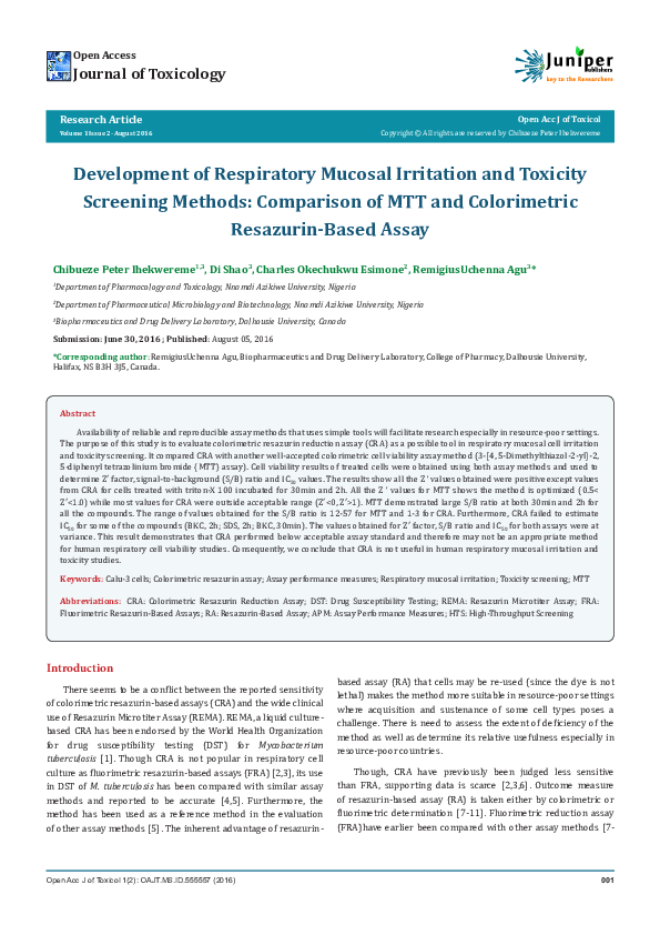 Development of Respiratory Mucosal Irritation and Toxicity Screening ...