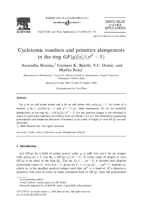 (PDF) Cyclotomic numbers and primitive idempotents in the ring GF(q)[x]/(xpn-1
