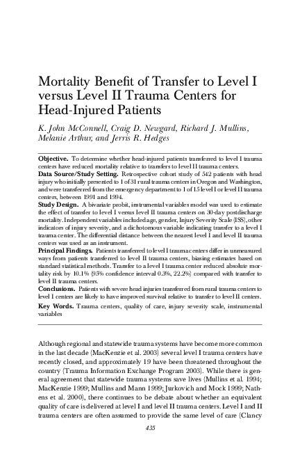 (PDF) Mortality Benefit of Transfer to Level I versus Level II Trauma ...