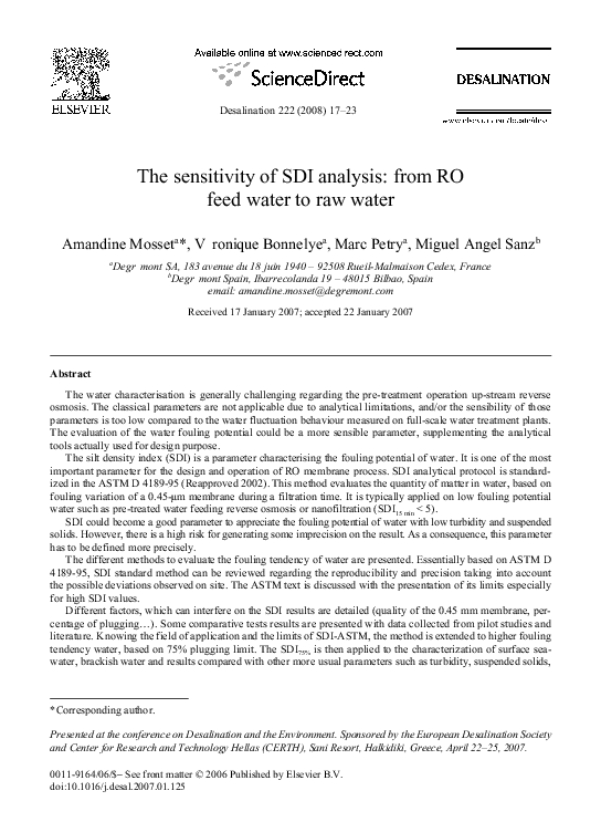 (PDF) The sensitivity of SDI analysis: from RO feed water to raw water