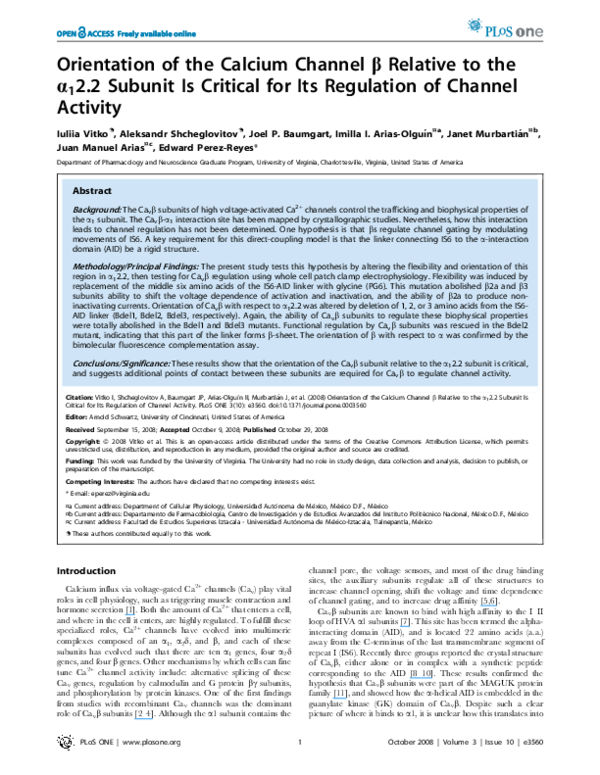 (PDF) Orientation of the Calcium Channel beta Relative to the alpha12.2 ...